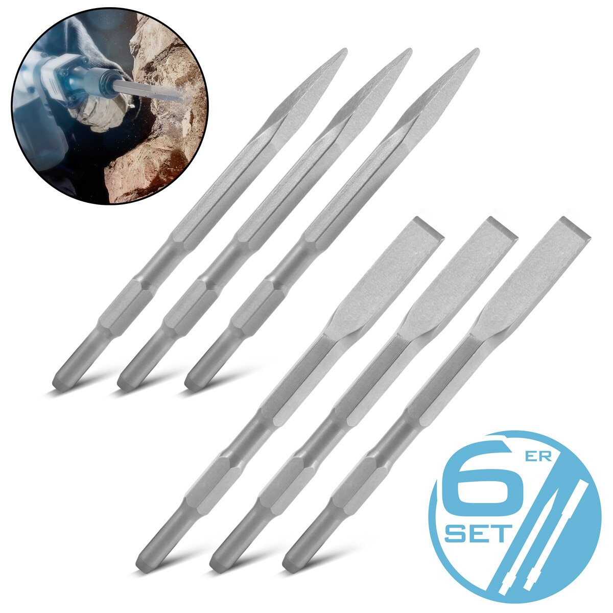 Steelworks chisel 6 Set with 3 flat chisels and 3 pointed chisels 17 x