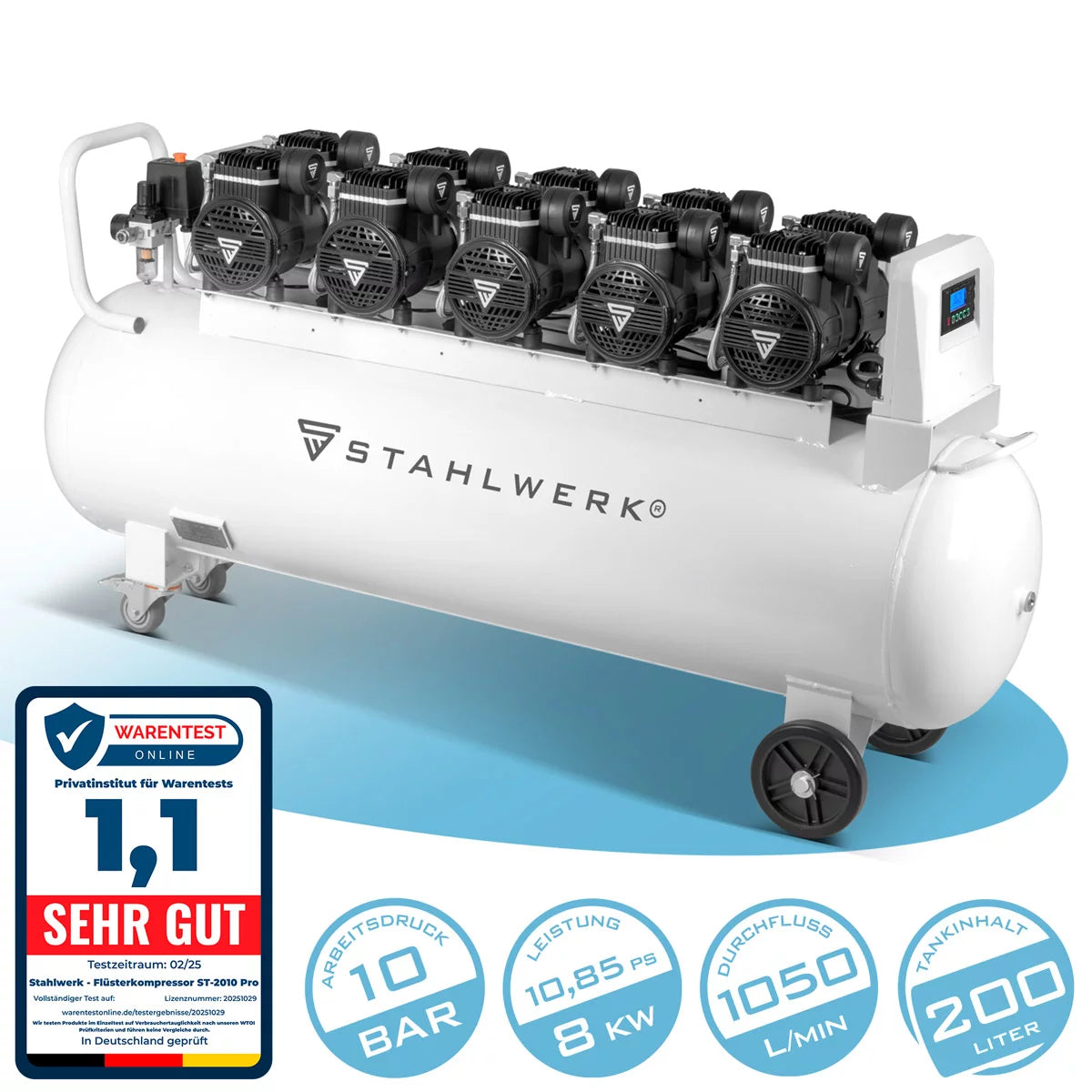 STAHLWERK Kompressor ST-2010 Pro mit 10 bar | 10,8 PS | 8 kW | 1050 l/