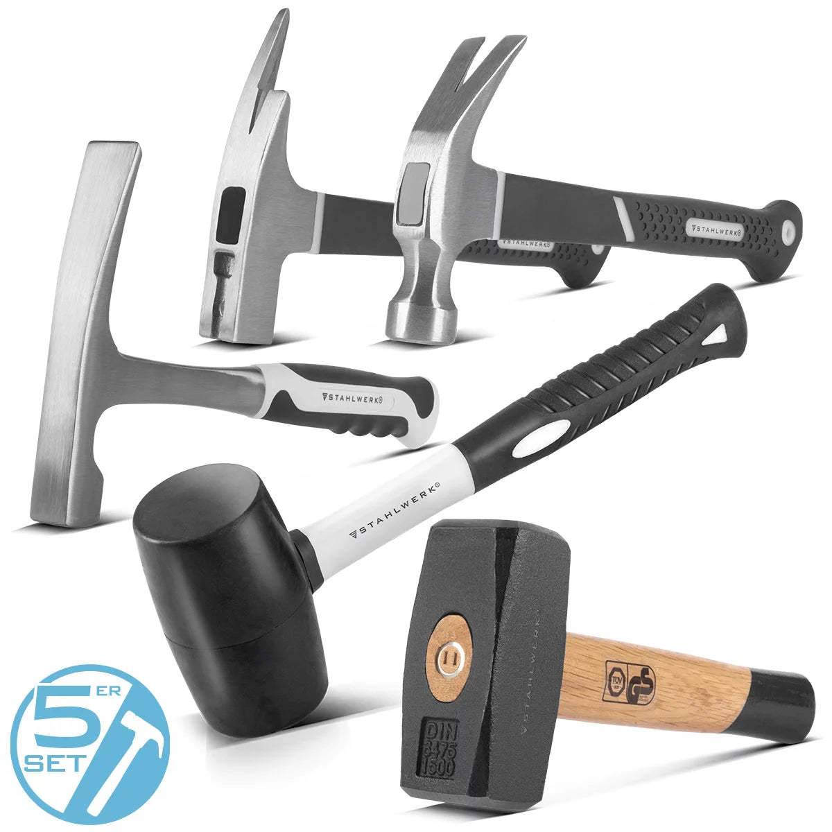 STAHLWERK Hammer 5er Set mit Fäustel, Klauenhammer, Maurerhammer, Latt