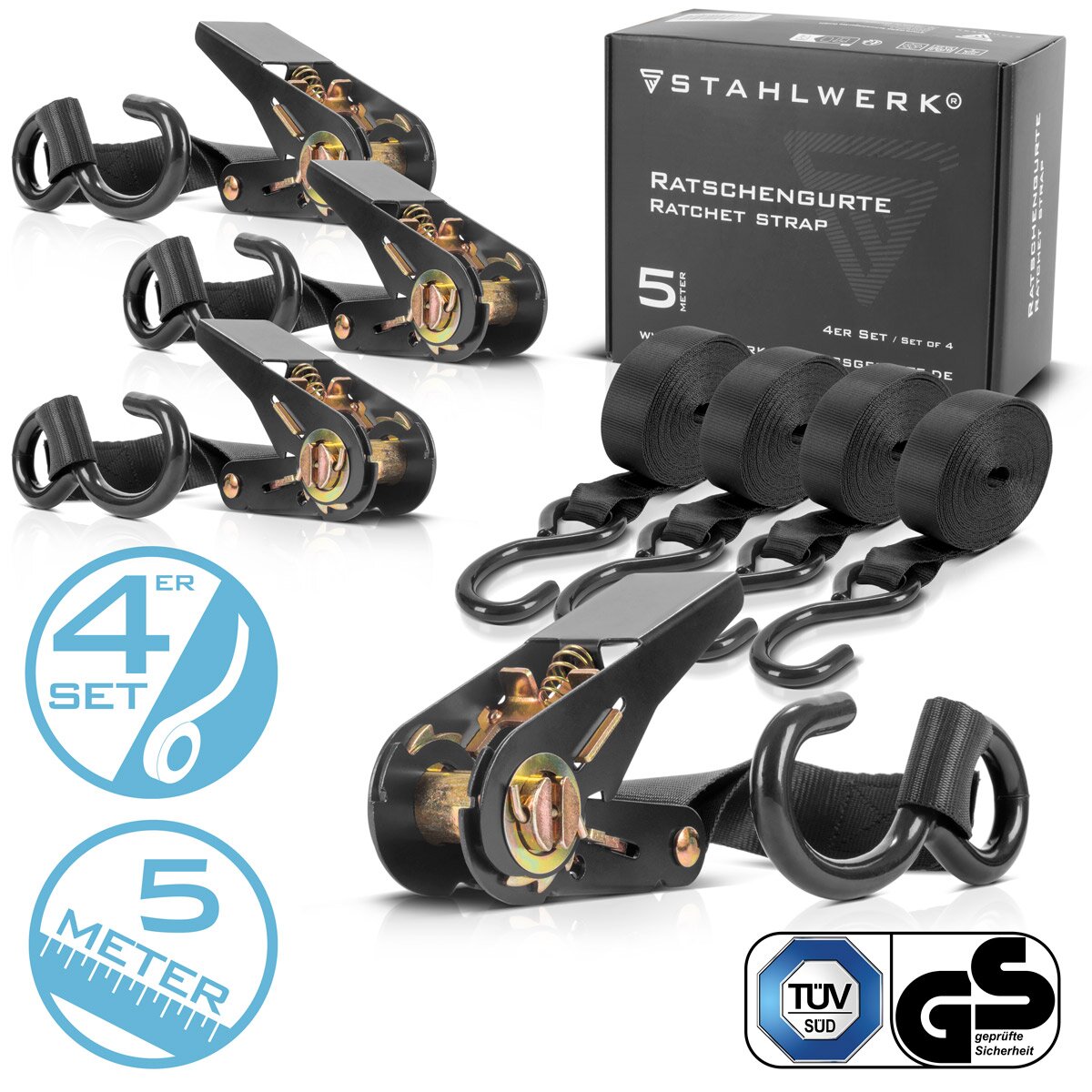 Steelwork ratchet belt with hook 4 Set 5 m x 25 mm 800 kg | LC 800 dan